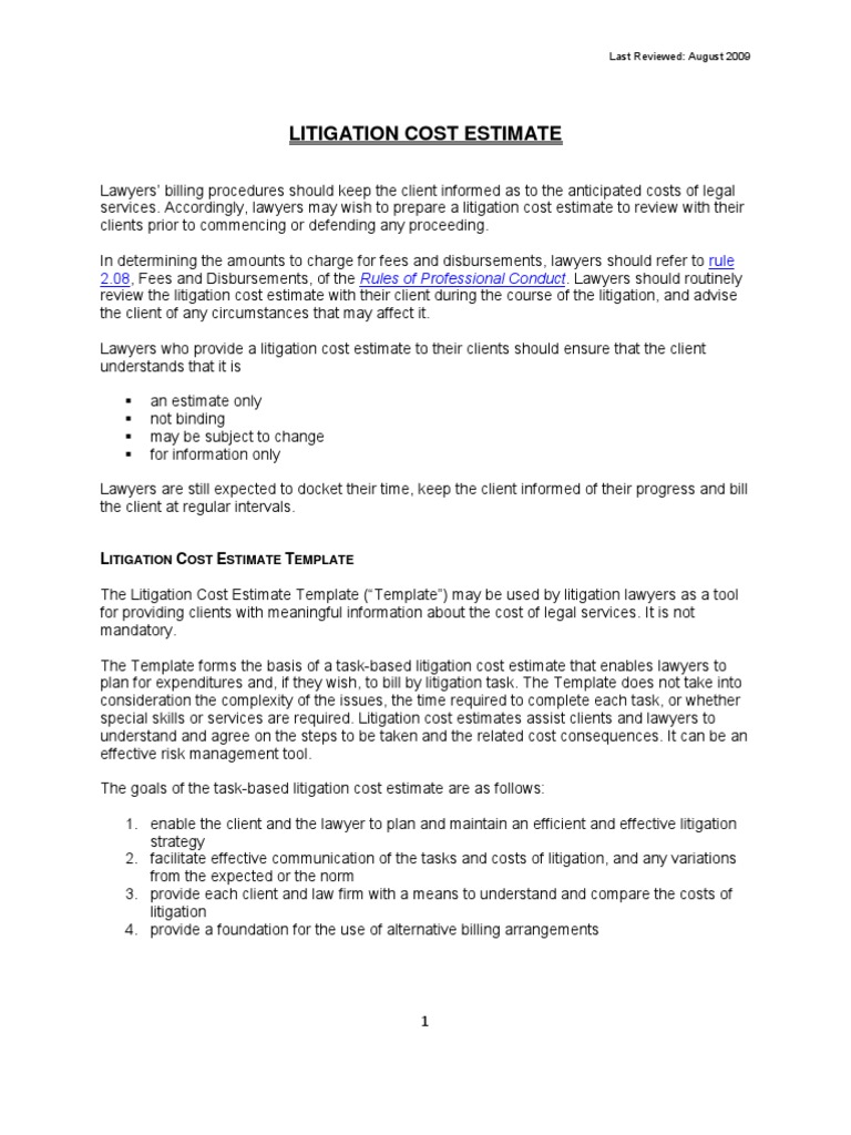 Litigation Cost Estimate Template | PDF | Brief (Law) | Discovery (Law)