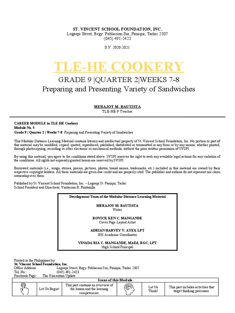 Career Module in TLE HE 9 Q2 Week 7 8 | PDF | Salad | Sandwich