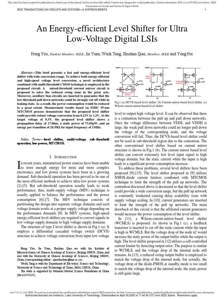 An Energy-Efficient Level Shifter For Ultra Low-Voltage Digital LSIs | Download Free PDF | Cmos ...