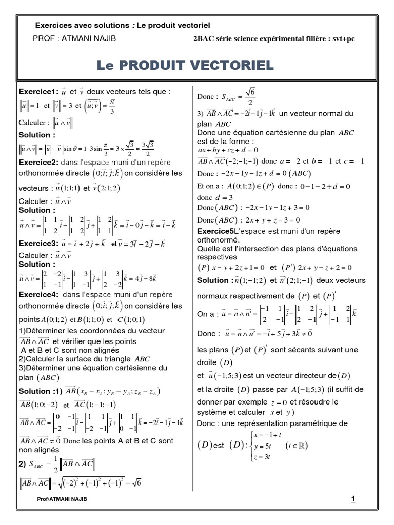 Produit Vectoriel Corrige Serie D Exercices 1 | PDF | Coordonnées ...