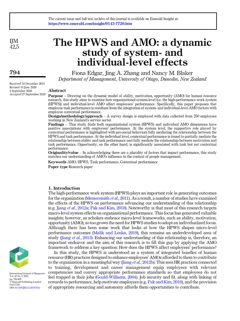 The HPWS and AMO A Dynamic Study of System and Individual Level Effects ...