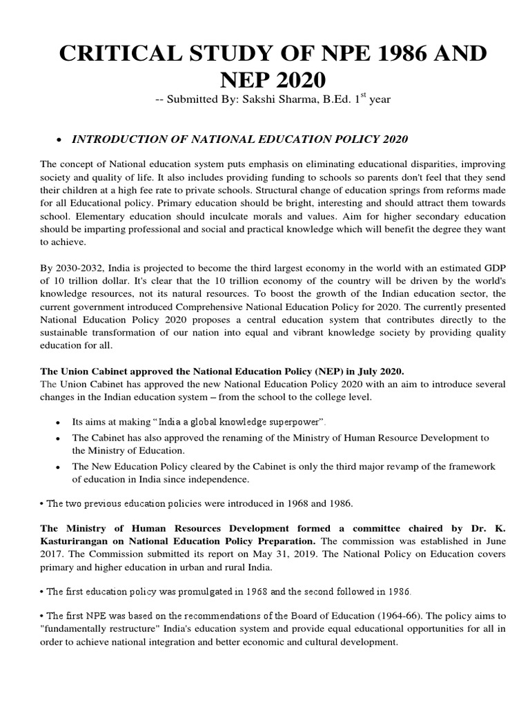Critical Study of Npe 1986 and NEP 2020: - Submitted By: Sakshi Sharma ...
