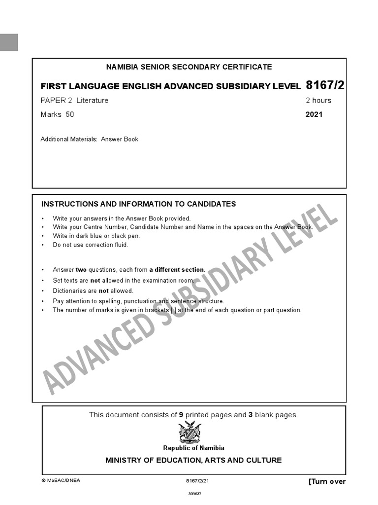 Bsidiar Y Level: First Language English Advanced Subsidiary Level | PDF