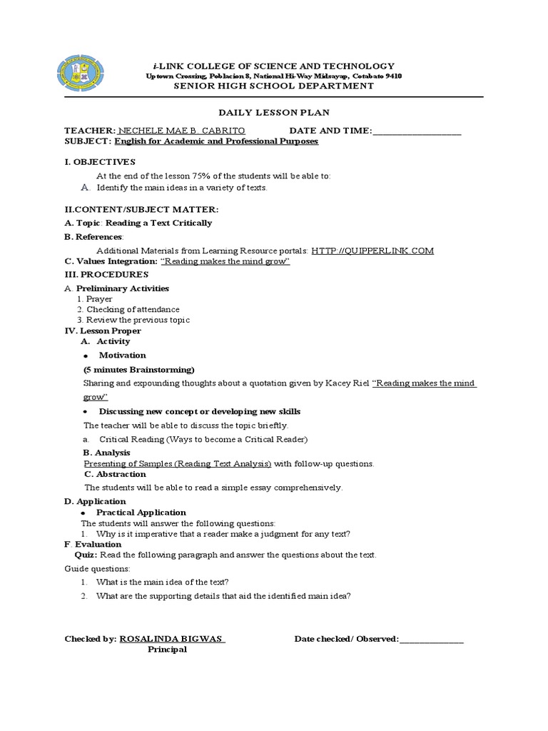 Senior High School Department Daily Lesson Plan: I-Link College of ...