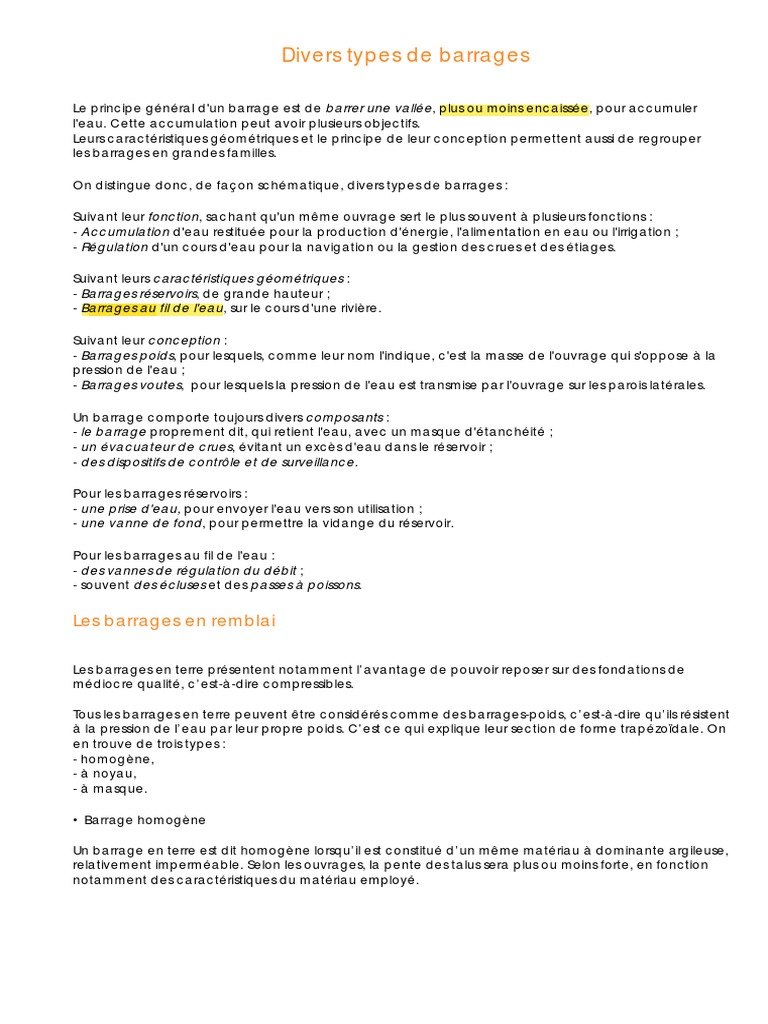 Types de barrages et leurs caractéristiques | PDF | Barrage | Lac de ...