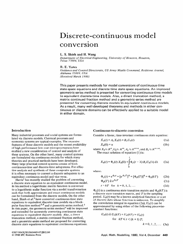 Discrete Continuous Model Conversion L S Shieh And H Wang Pdf Discrete Time And