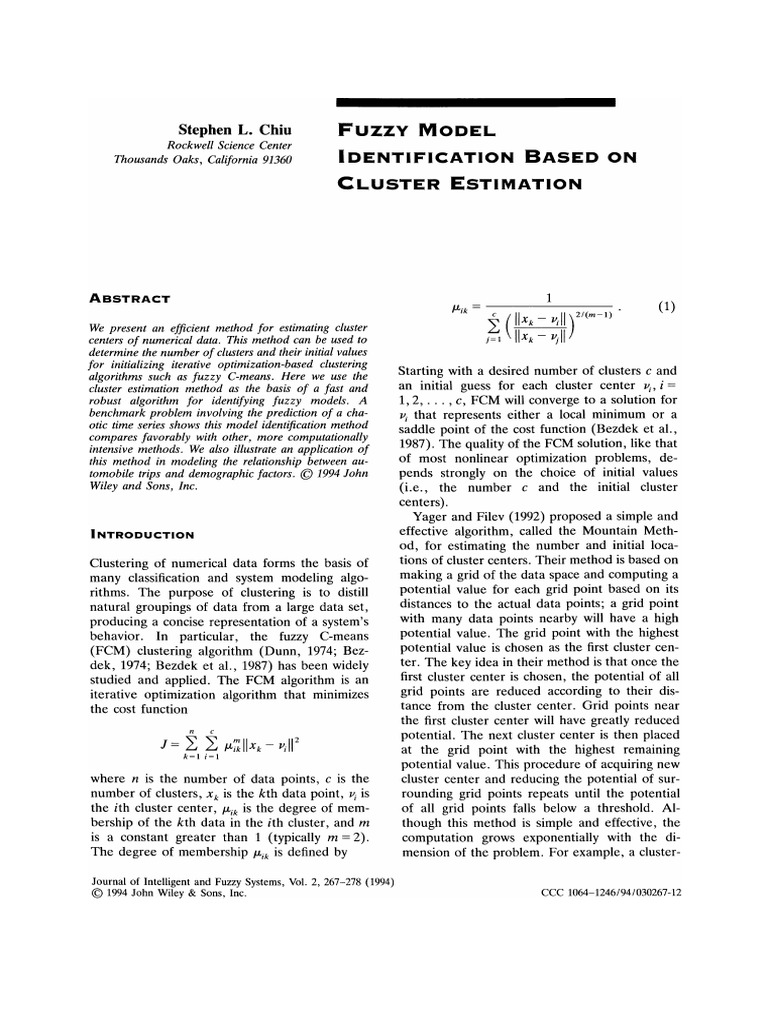 Fuzzy Model Identification Based On Cluster Estimation Pdf Cluster Analysis Least Squares