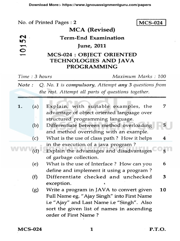 MCS 024 Previous Year Question Papers by Ignouassignmentguru - 2 | PDF | Method (Computer ...