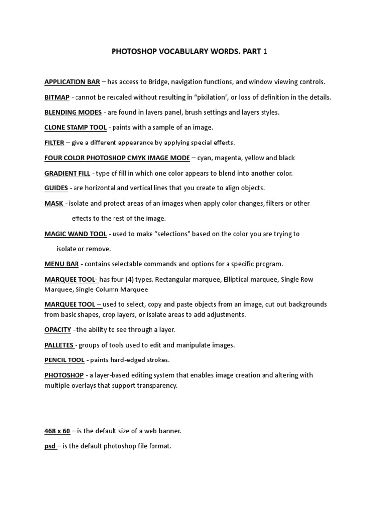 Photoshop Vocabulary Essentials | PDF | Art | Technology & Engineering