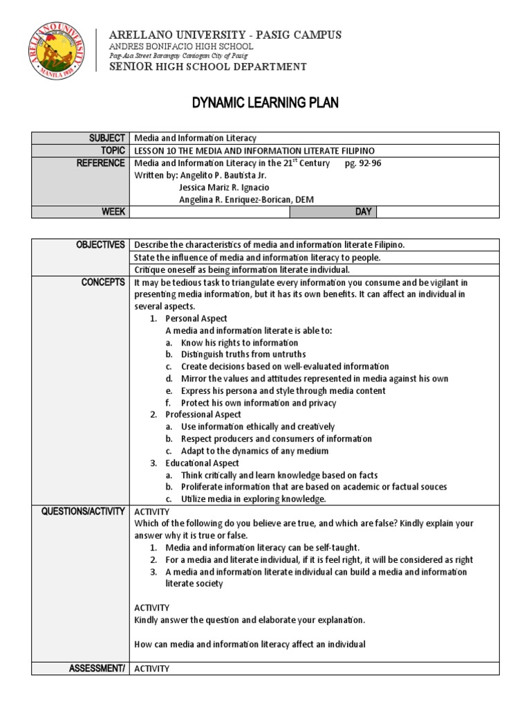 Dynamic Learning Plan: Arellano University - Pasig Campus Senior | PDF ...