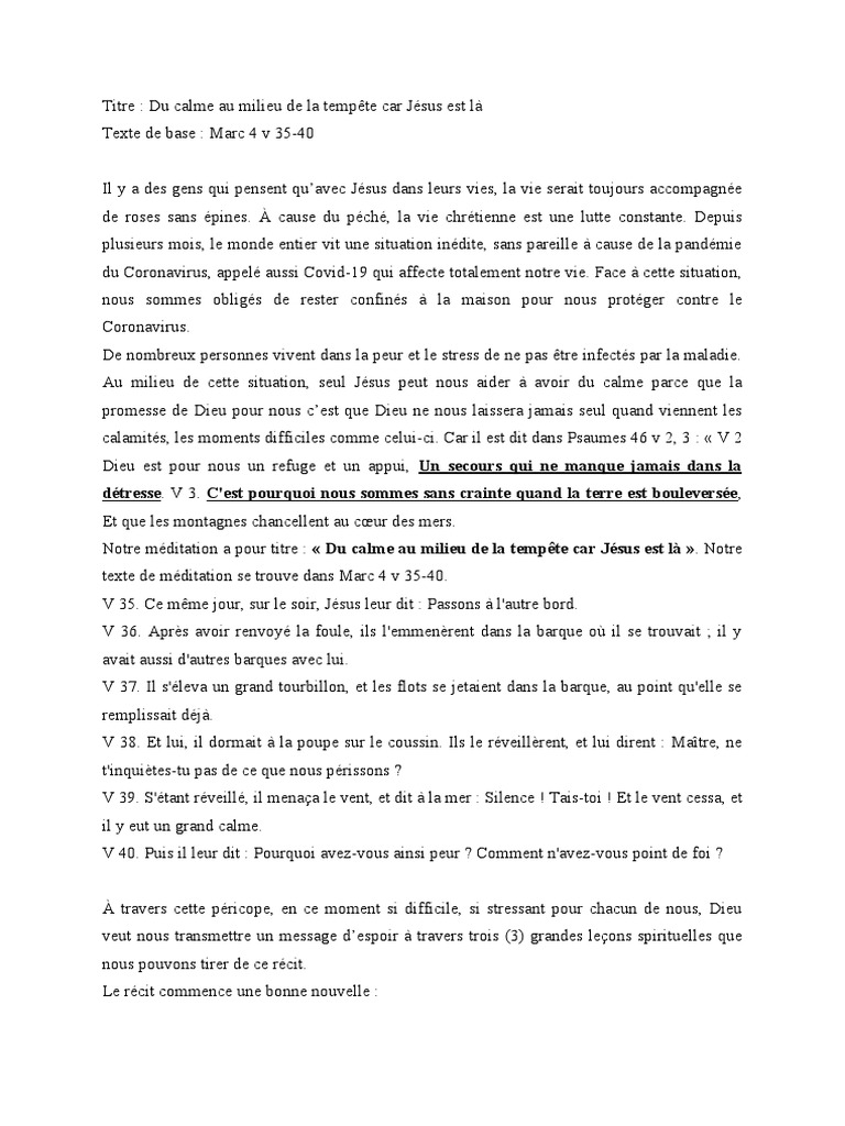 Jésus, calme au cœur de la tempête | PDF | Jésus | Évangile selon Marc
