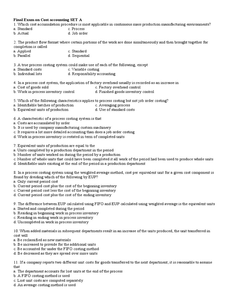 Finals Exam On Cost Accounting Set A Pdf Cost Of Goods Sold