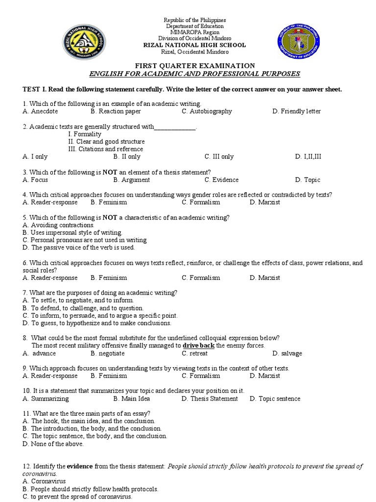 Q1 Exam Eapp | PDF | Chimpanzee | Essays