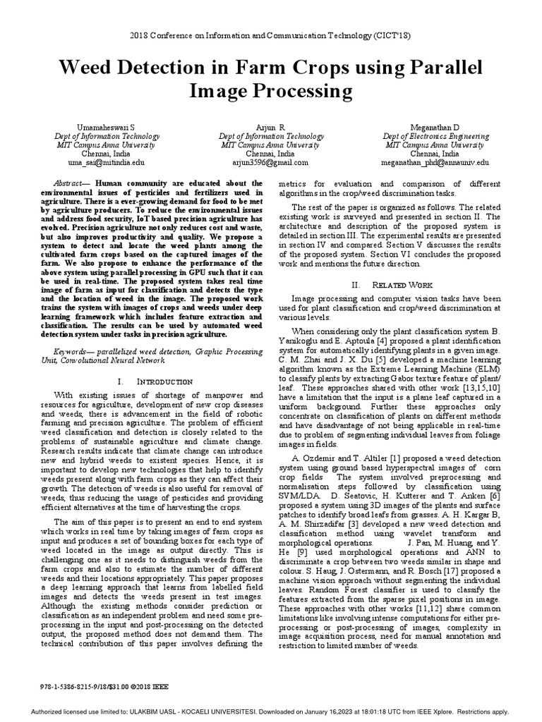 Weed Detection in Farm Crops Using Parallel Image Processing | PDF | Applied Mathematics ...
