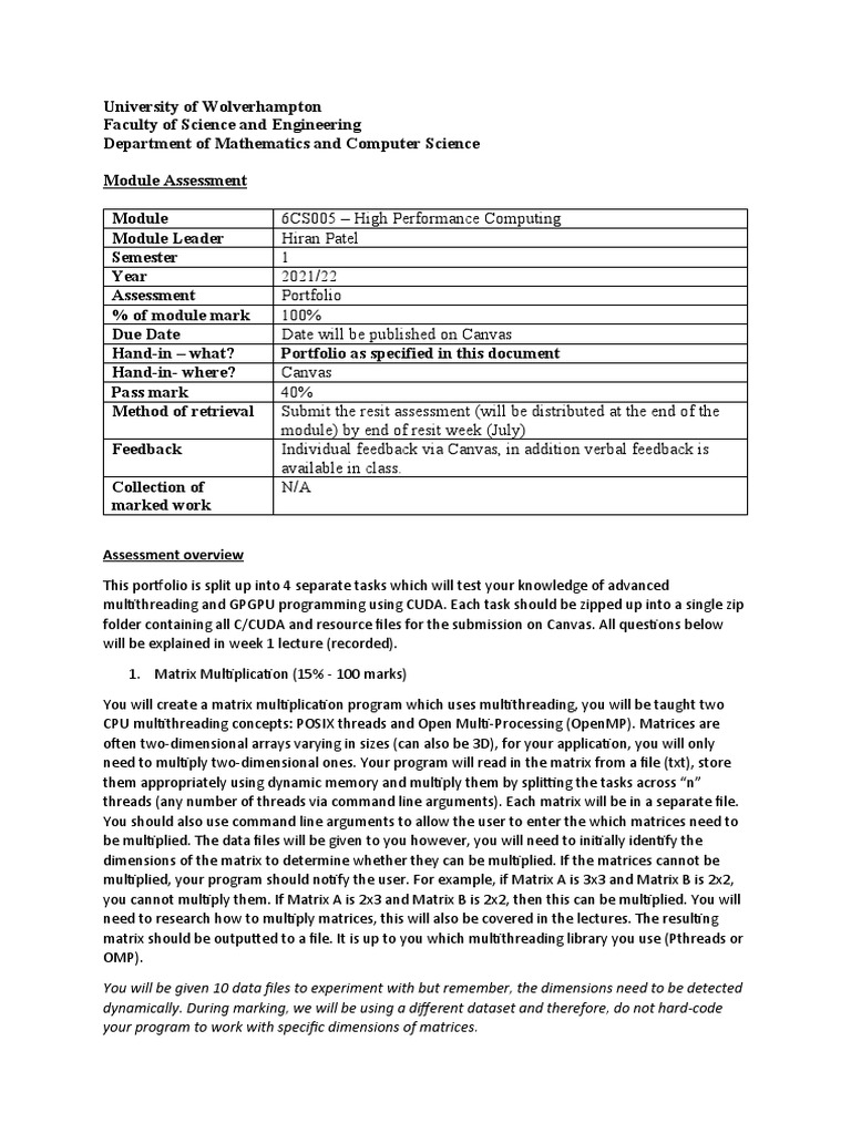 6CS005 - Assessment 21-22 | PDF | Thread (Computing) | Matrix (Mathematics)