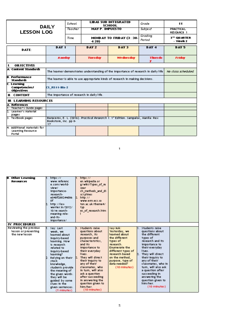 Practical Research DLL Week 2 | PDF | Inquiry Based Learning | Learning