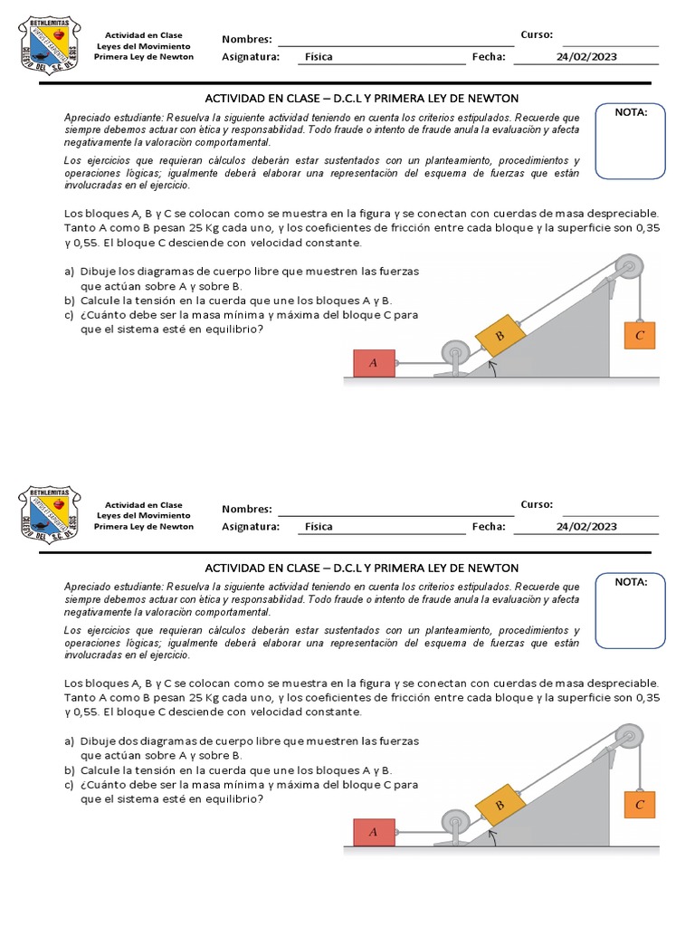 Actividad en Clase Primera Ley de Newton | PDF | Las leyes del ...