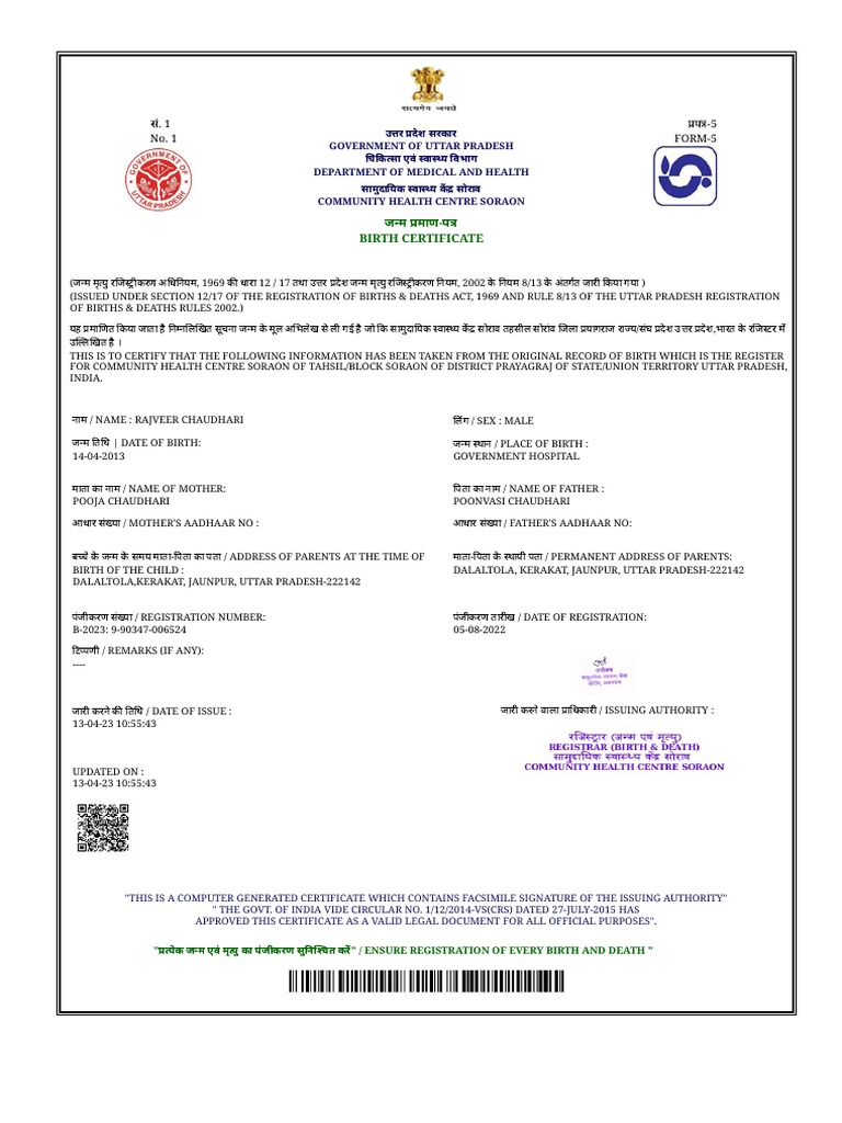 Birth Certificate RAJ | PDF