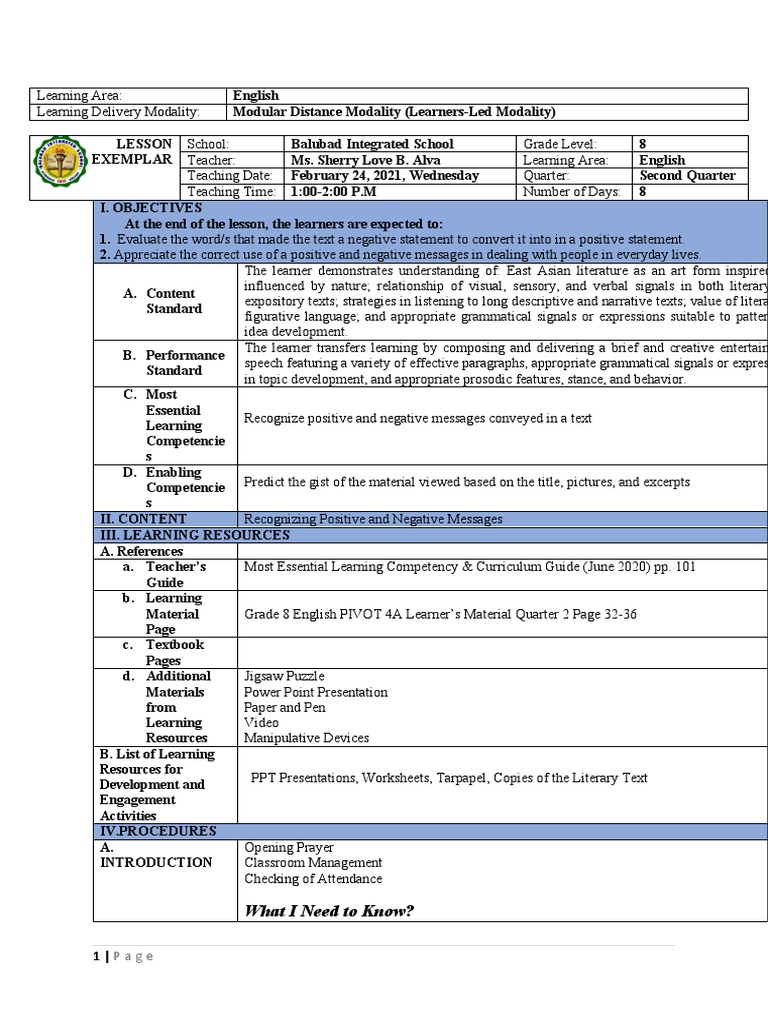 Exemplar Lesson Plan: Positive vs. Negative Statements | PDF | Learning ...