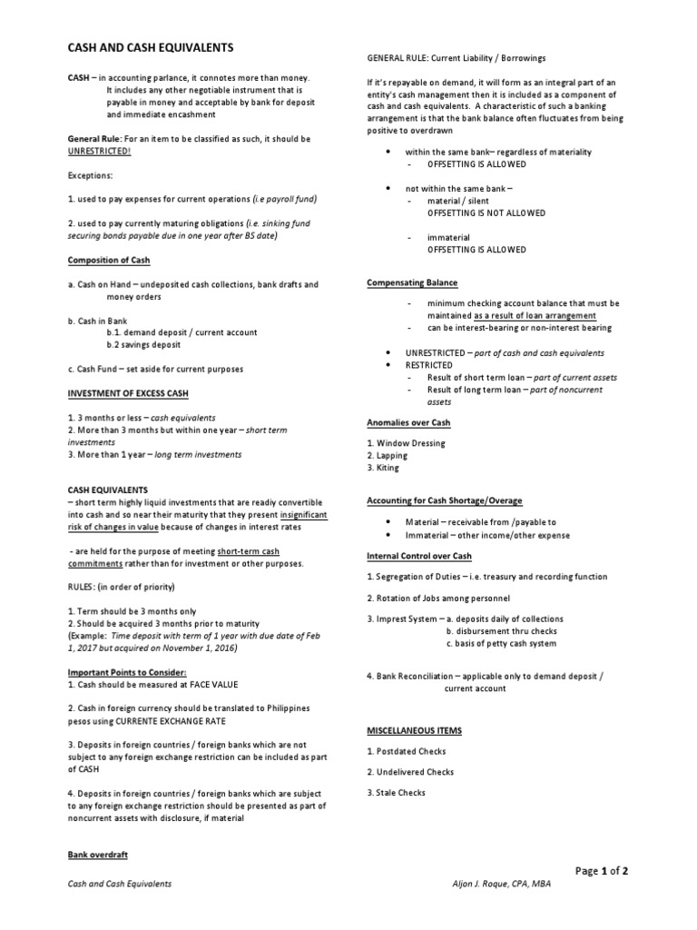 Cash and Cash Equivalents Lecture Notes | PDF | Banks | Transaction Account