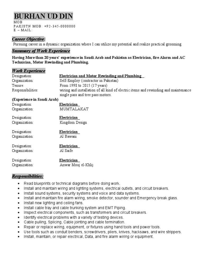 Electrician CV | PDF | Electrician | Electrical Wiring
