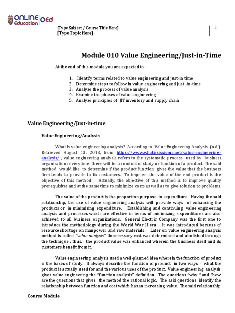 W12 Module 10 - VeringJust-in-Time | PDF | Lean Manufacturing | Inventory