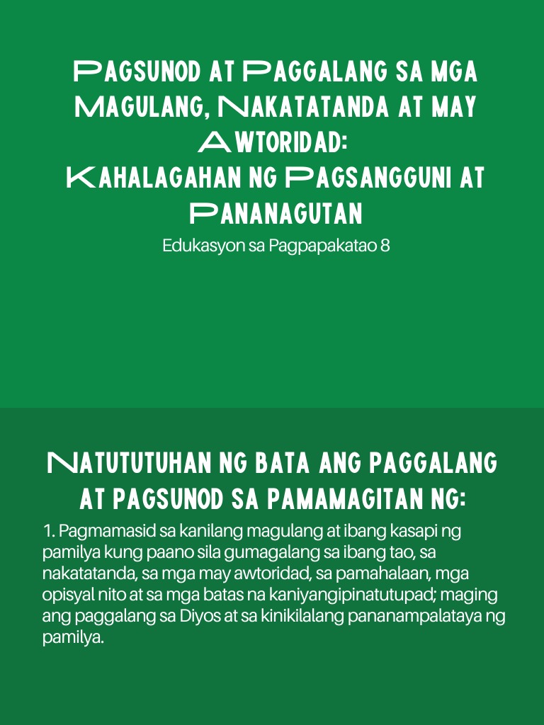 Pagsunod at Paggalang Sa Mga Magulang, Nakatatanda at May Awtoridad ...