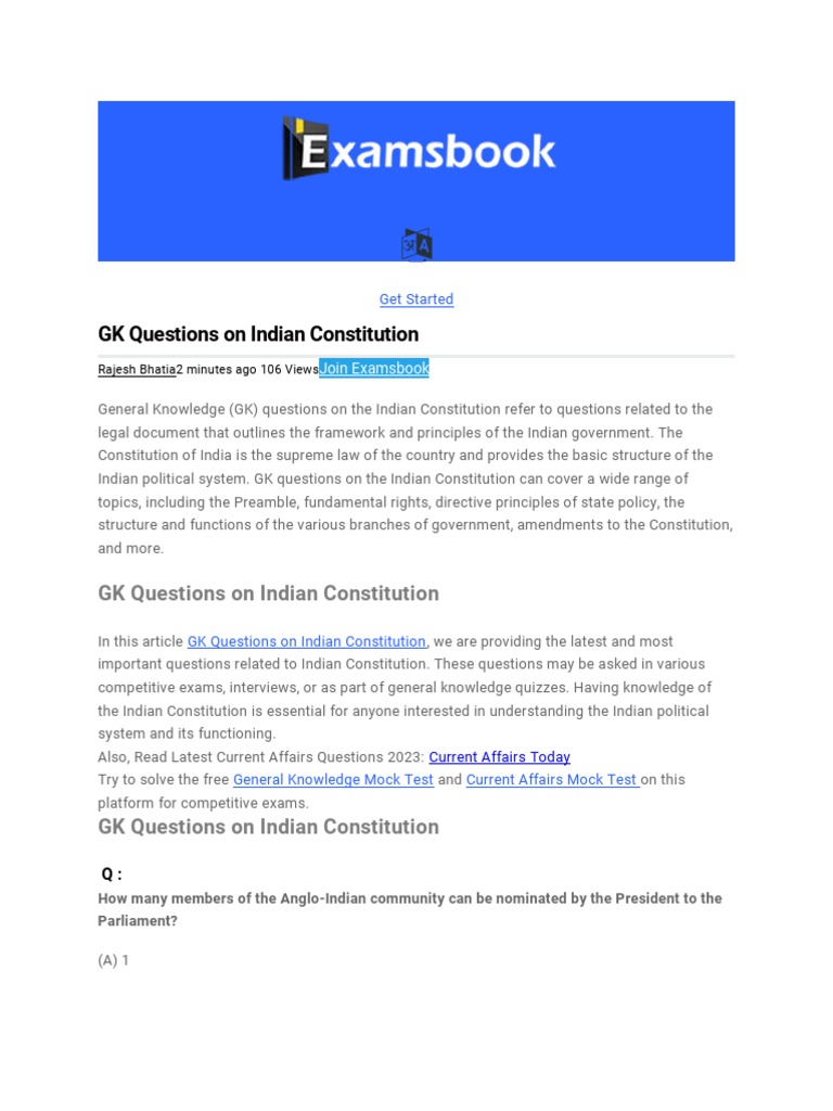 Indian Constitution GK Quiz Questions | PDF | Governance | Political ...