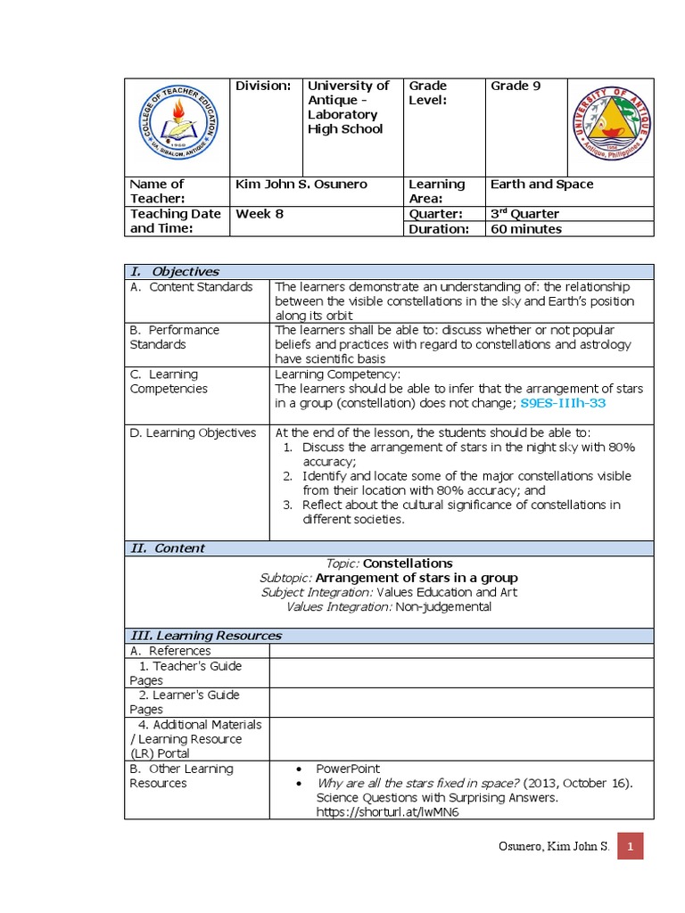 Constellation Lesson Plan for Grade 9 | PDF | Astronomy | Stellar Astronomy