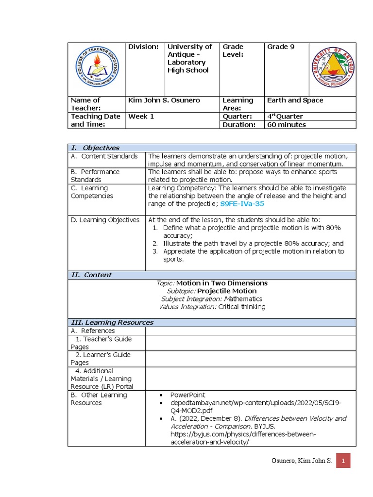 4th Week Lesson Plan No. 8 in Science 9 (Projectile Motion) | PDF ...