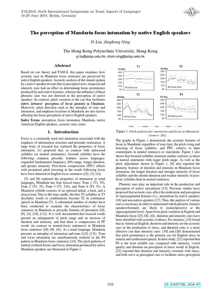 The Perception of Mandarin Focus Intonation by Native English Speakers | PDF | Tone (Linguistics ...