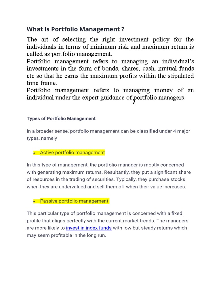 Chapter 11 Portfolio Management Pdf Investing Investment Management