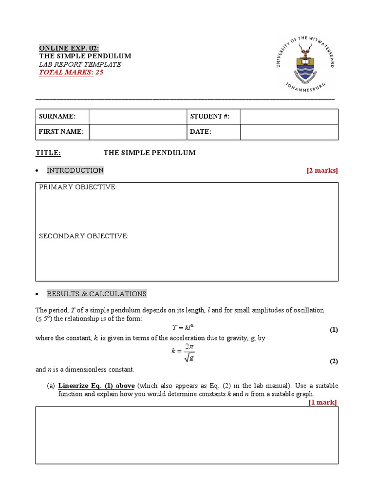 Online Exp02 - Simple Pendulum - Lab Report Template | PDF | Pendulum | Physics