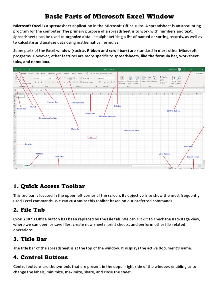 Basic Parts of Microsoft Excel Window | PDF | Microsoft Excel | Window (Computing)