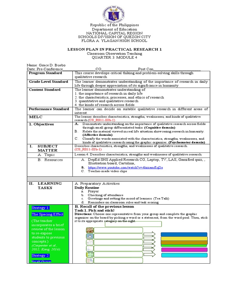 Lesson Plan in Practical Research 1: Republic of The Philippines ...