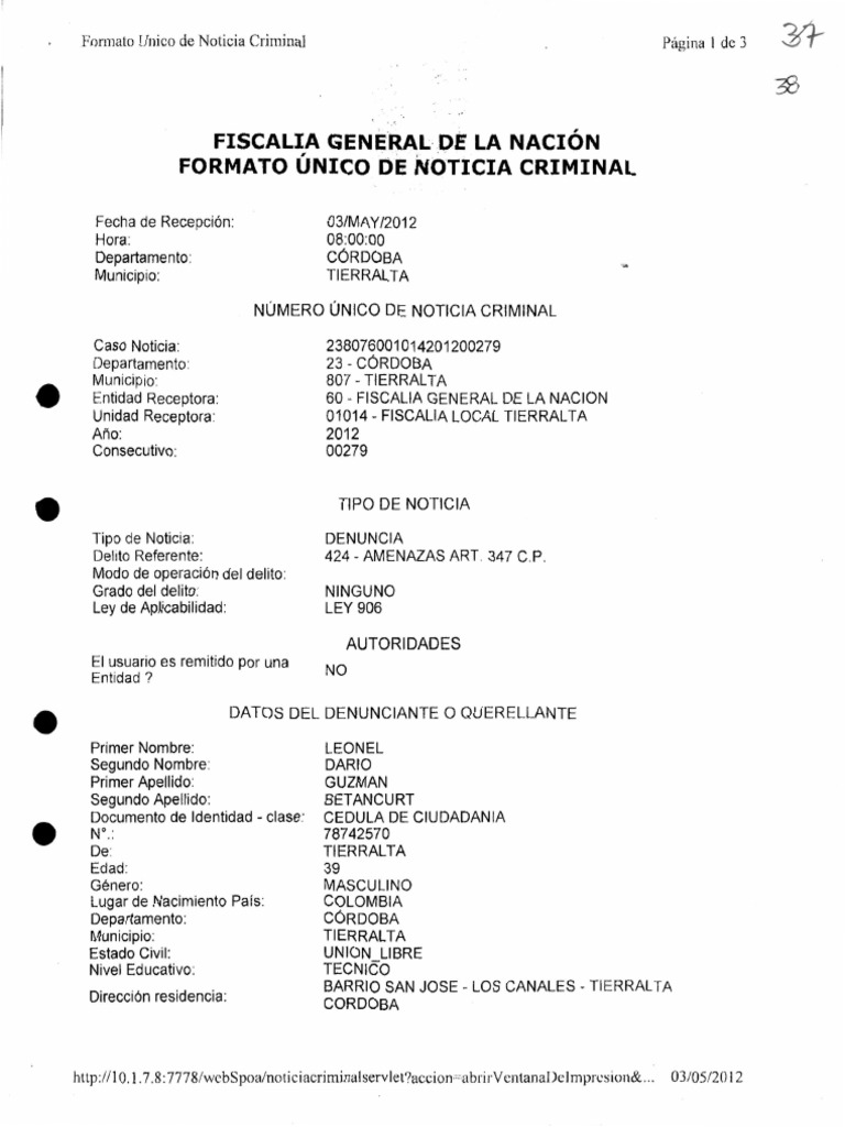 Fiscalia General La Nación Formato Único Noticia Criminal | PDF ...