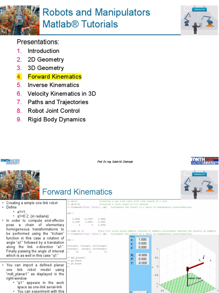 Robots and Manipulators Matlab® Tutorials: Presentations | PDF | Kinematics | Mechanics