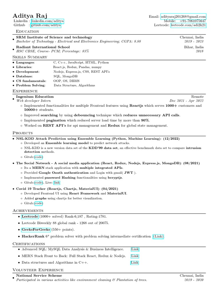 Aditya Raj Resume | Download Free PDF | Databases | Computer Engineering