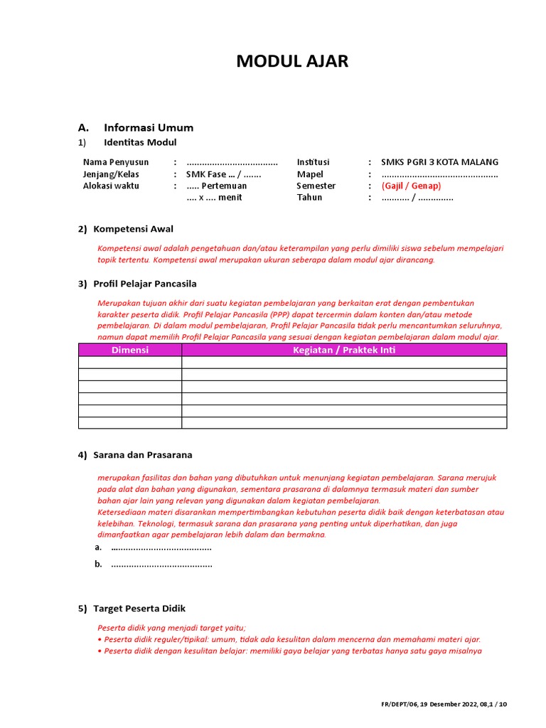 Pengajuan Form Modul Ajar Revisi 20222023 | PDF