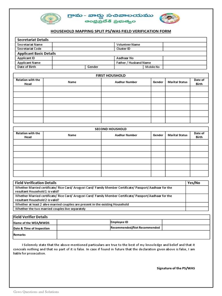 Household Mapping Split Ps/Was Field Verification Form: Secretariat ...