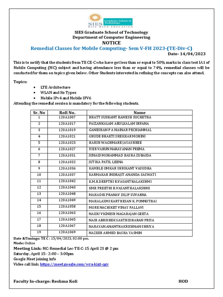 Remedial Lecture notice-MCC-TE-CE-Div C-FH 2023 | PDF | Networking ...