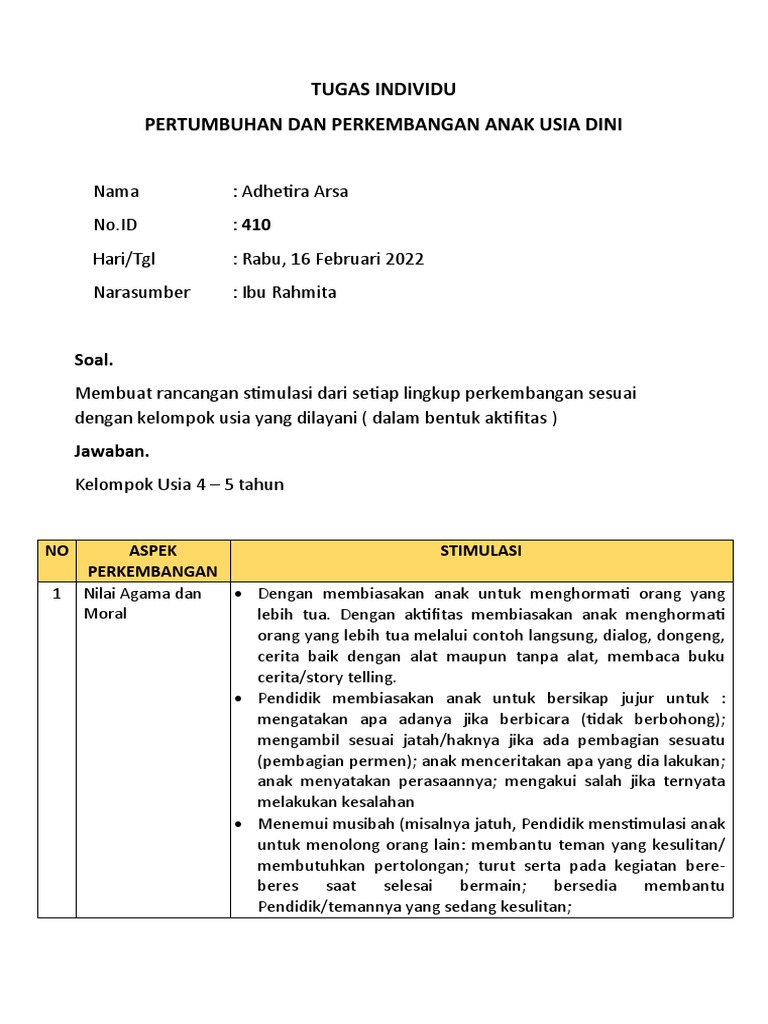 Tugas Individu Perkembangan Dan Pertumbuhan Anak Usia Dini | PDF