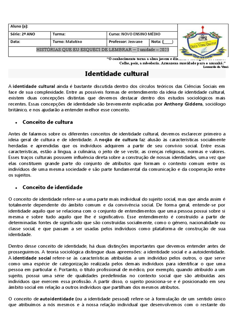 Identidade Cultural - 2º Ano | Download grátis PDF | Sociologia | Sociedade