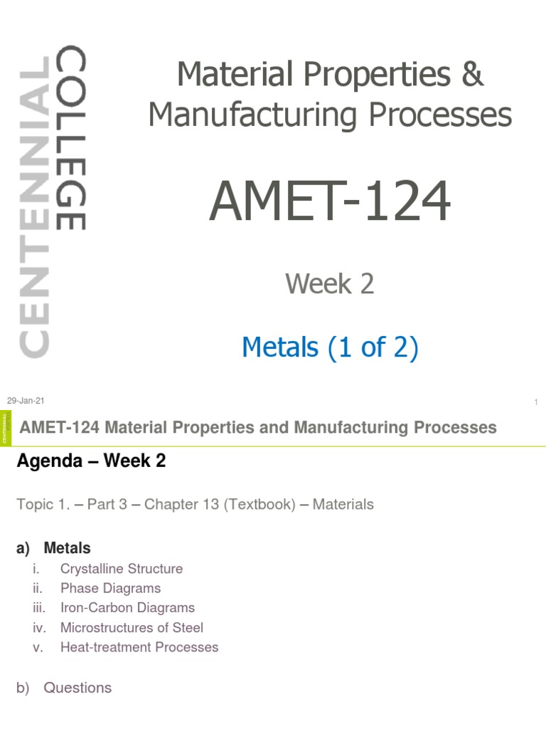 (Slides) Week 02 AMET 124 Material Properties v12r (MH - Rev 1) | PDF | Heat Treating | Steel