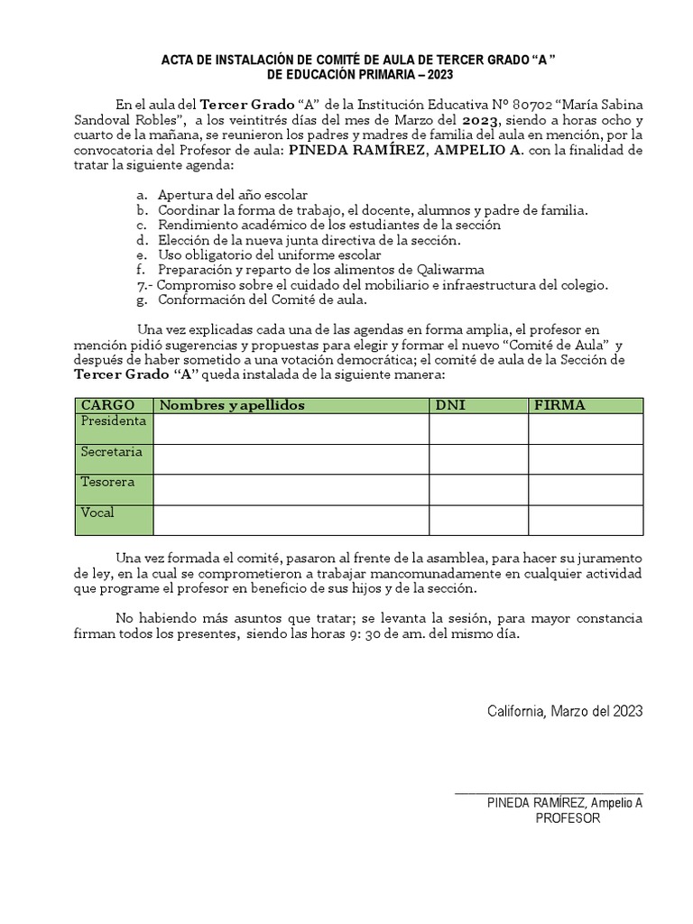 Acta de Aula | PDF | Salón de clases | Maestros