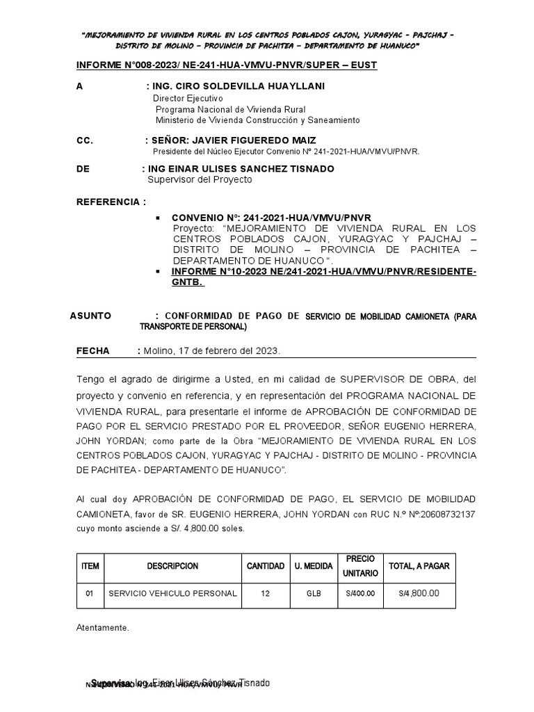 Informe de Pago por Servicio de Movilidad | PDF