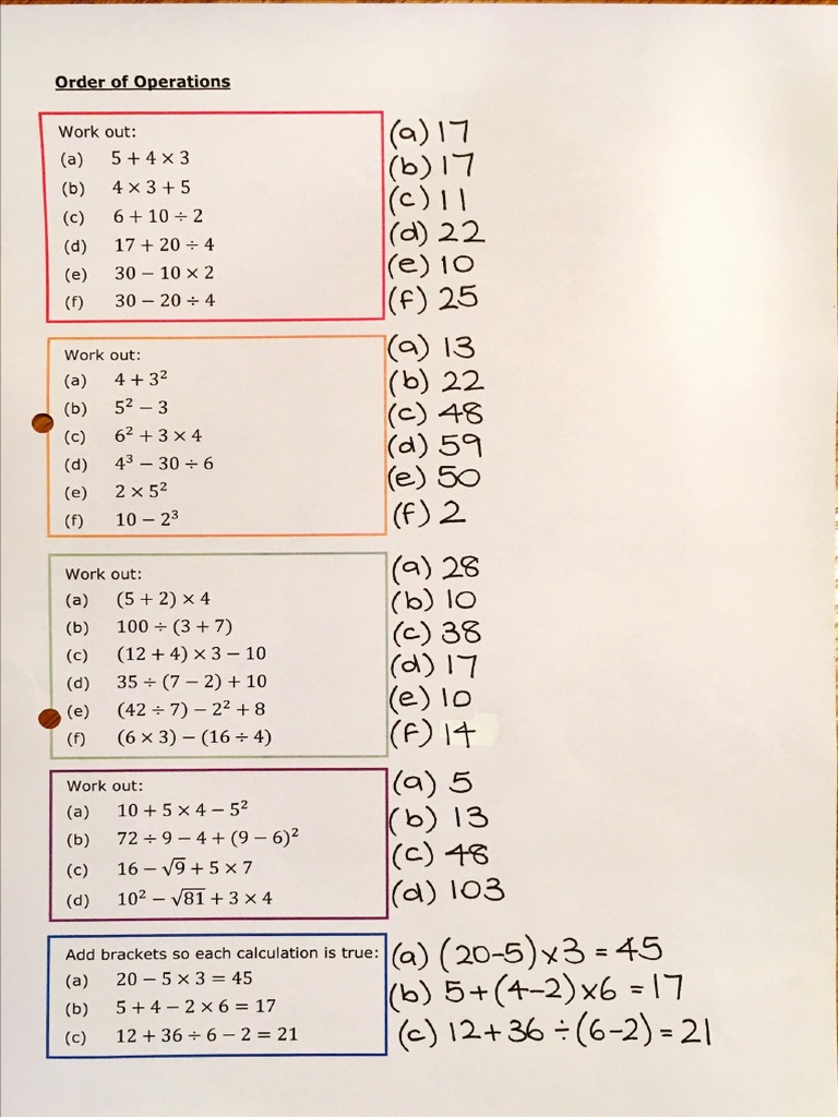 Order of Operations Practice Strips Answers | PDF