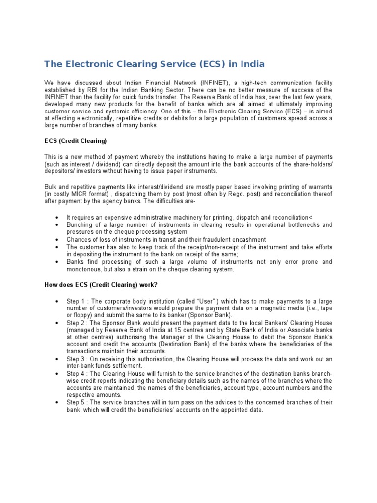 The Electronic Clearing Service in India | PDF | Clearing (Finance) | Banks
