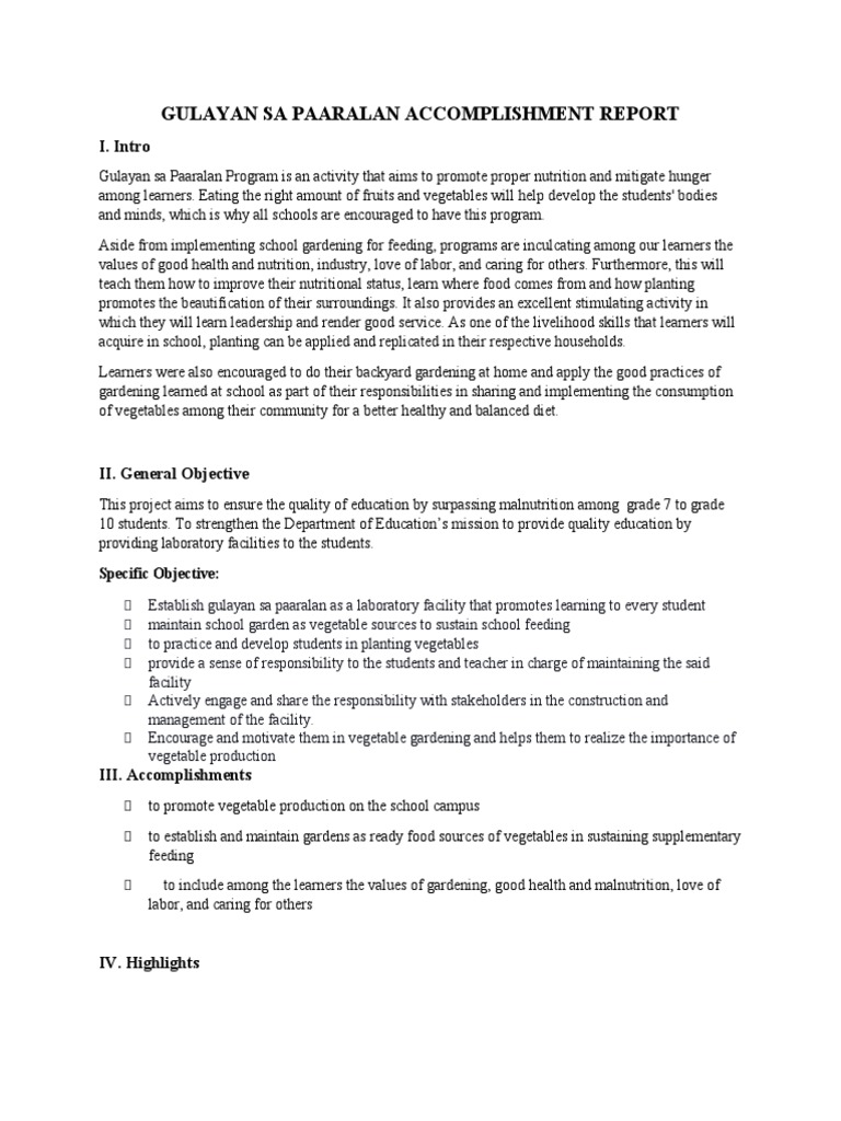 Accomplishment Report Gulayan Sa Paaralan | PDF | Learning | Vegetables