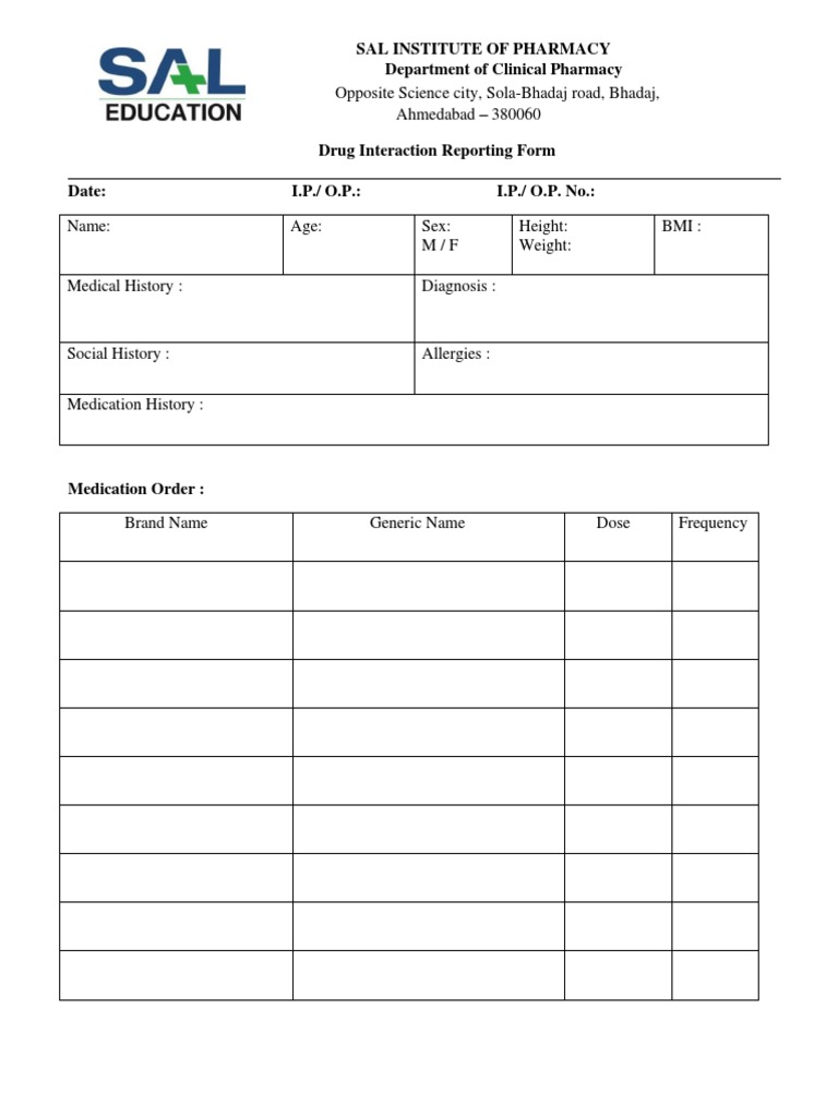 Drug Interaction Reporting Form | PDF | Chemistry | Dose (Biochemistry)